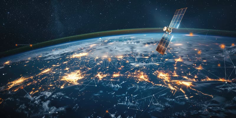 Satellite in Space Orbiting Earth with Laser Beams. Space Exploration ...