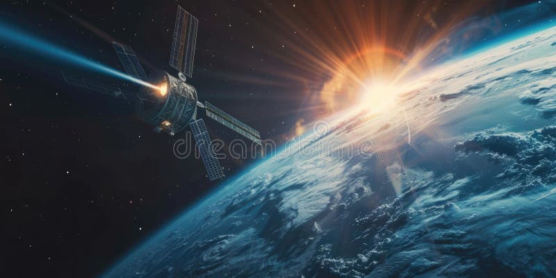 Satellite in Space Orbiting Earth with Laser Beams. Space Exploration ...