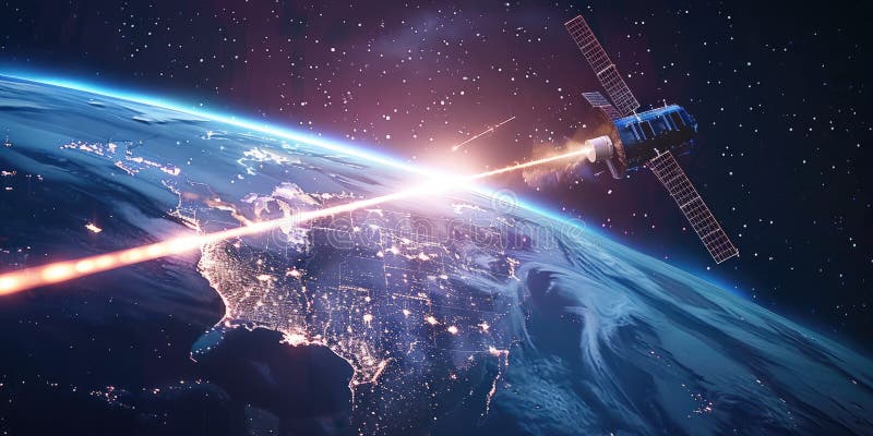 Satellite in Space Orbiting Earth with Laser Beams. Space Exploration ...