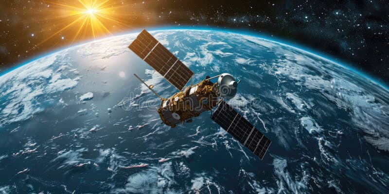 Satellite in Space Orbiting Earth with Laser Beams. Space Exploration ...