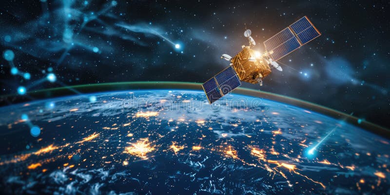 Satellite in Space Orbiting Earth with Laser Beams. Space Exploration ...