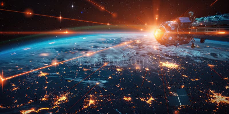 Satellite in Space Orbiting Earth with Laser Beams. Space Exploration ...
