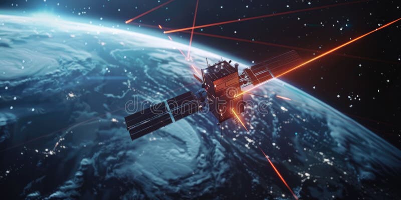 Satellite in Space Orbiting Earth with Laser Beams. Space Exploration ...