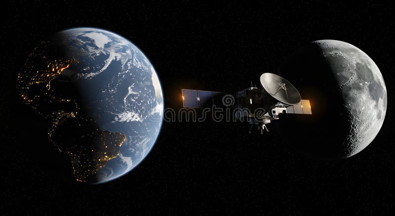 Satellite Orbiting Earth and Moon: Space Exploration Stock Illustration ...
