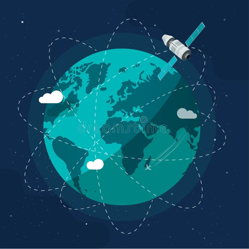 Satellite Space Ship Station Orbits Around the Earth Planet As Global ...