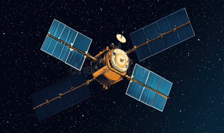 Satellite in Space with Solar Panels and Communication Antenna Stock ...