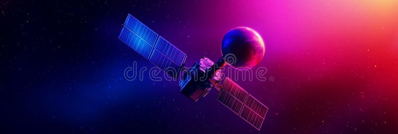 Satellite in Space with Vibrant Neon Lights a Satellite Orbits a Planet ...