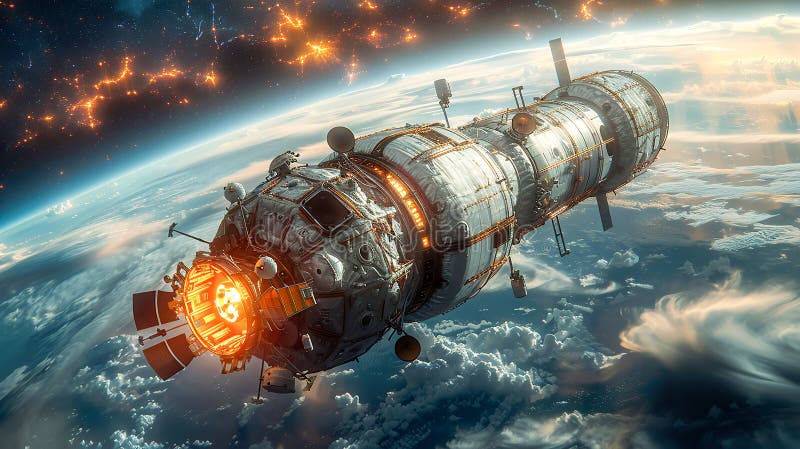 Satellite Spacecraft Orbiting in a Space Over the Earth. Spaceship on ...