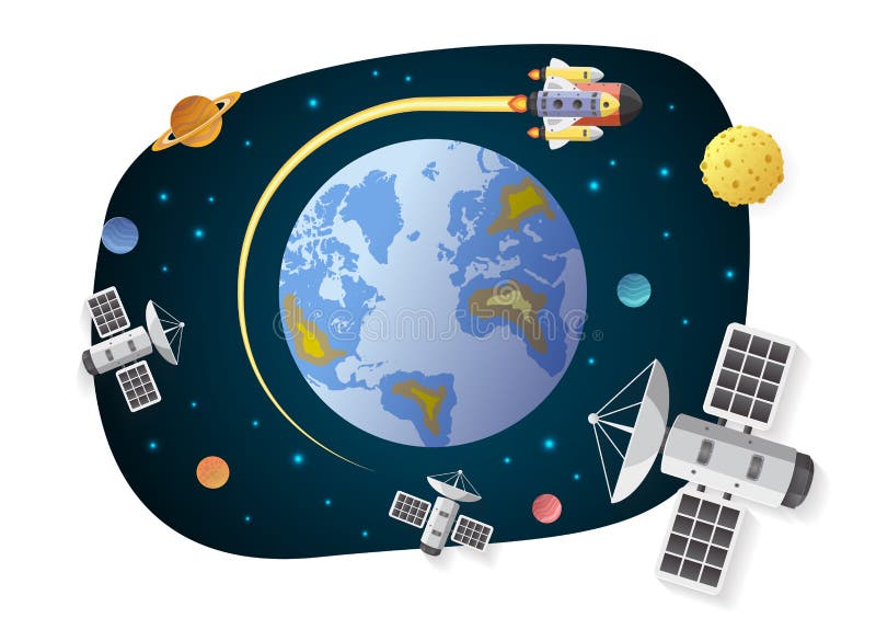 Satellite and Spaceship Cartoon on Earth with Space Stock Vector ...