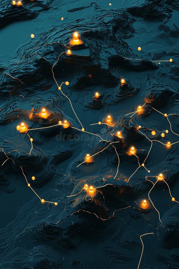 A Satellite-style 3D Map with Clustered Location Markers and Glowing ...