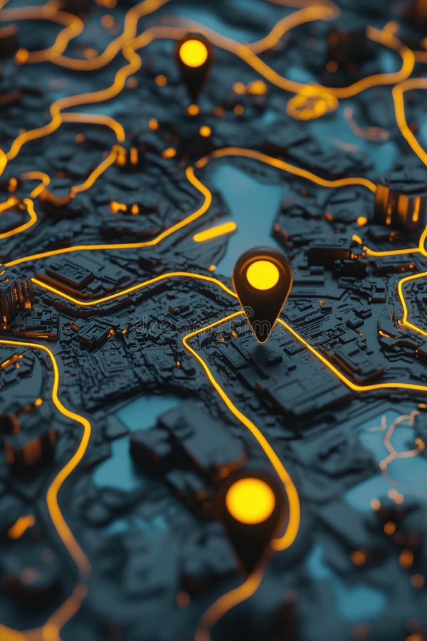 A Satellite-style 3D Map with Clustered Location Markers and Glowing ...