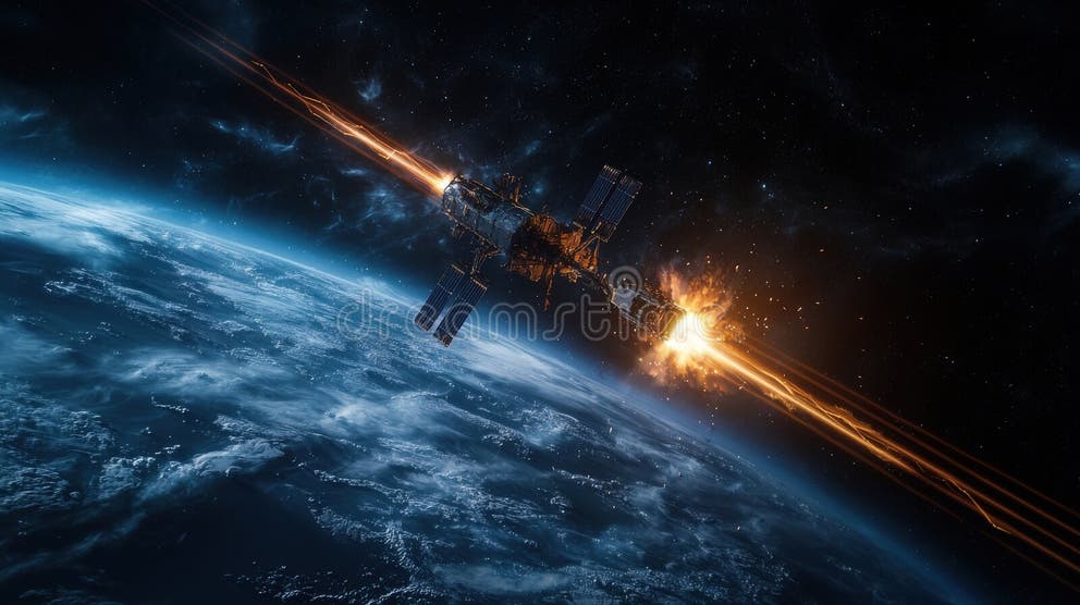 Satellite Under Laser Attack in Orbit Earth Background Digital Art Sci ...
