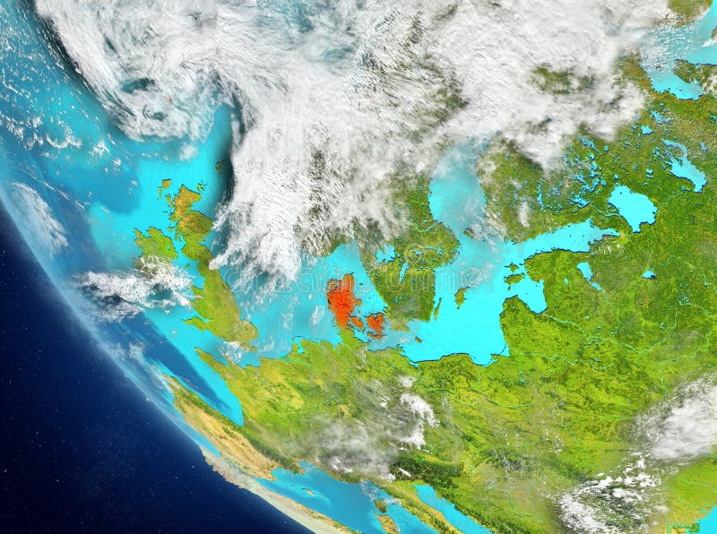 Satellite View of Denmark in Red Stock Image - Image of atmosphere ...