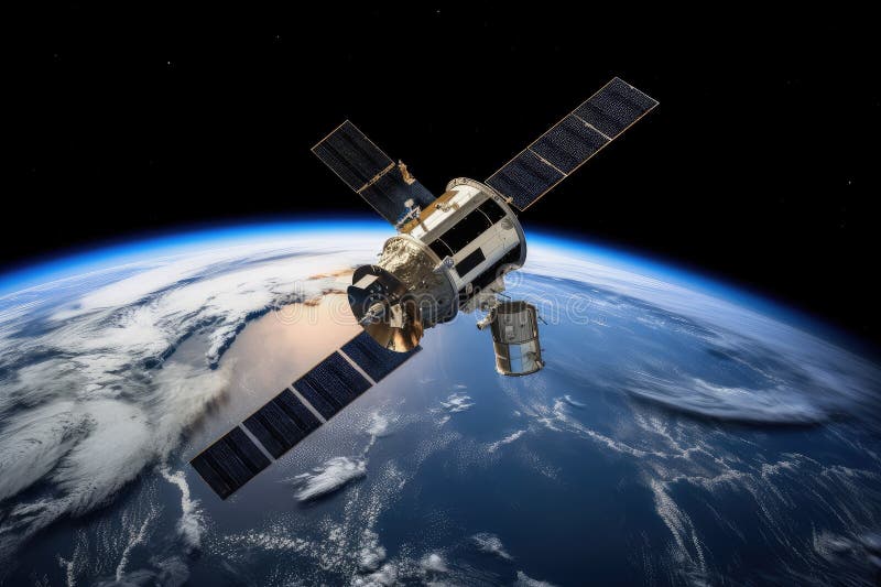 Satellite, with View of Earth Below, Spinning and Orbiting in Space ...