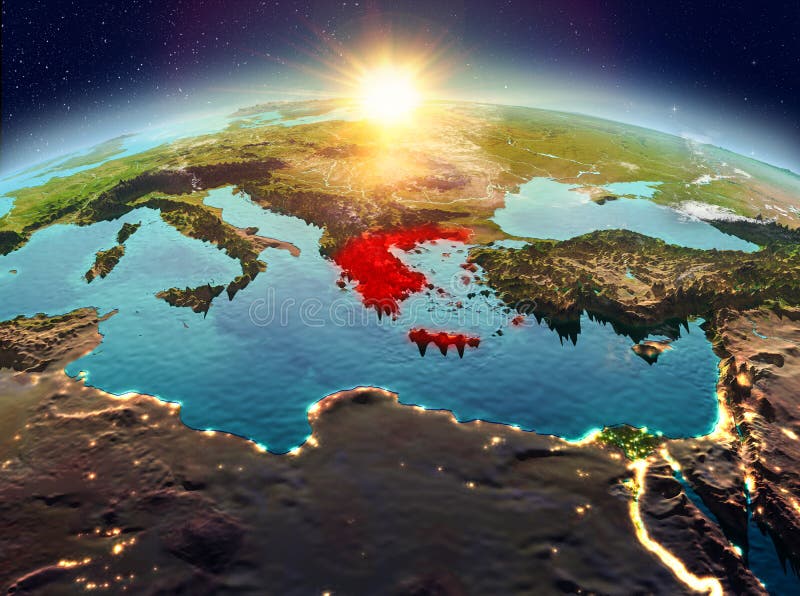 Greece from Space in Sunrise Stock Illustration - Illustration of ...