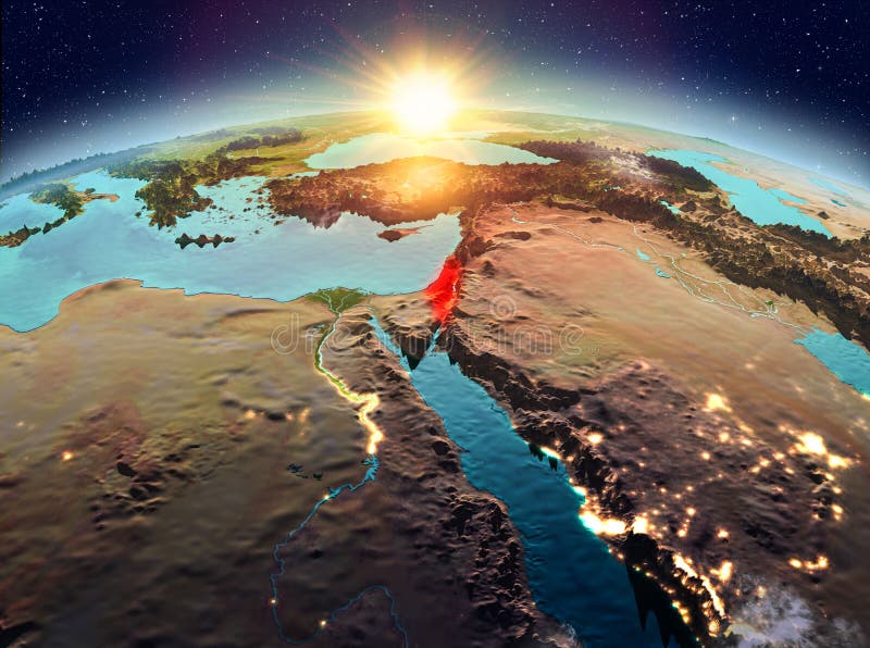 Israel from Space in Sunrise Stock Illustration - Illustration of dawn ...
