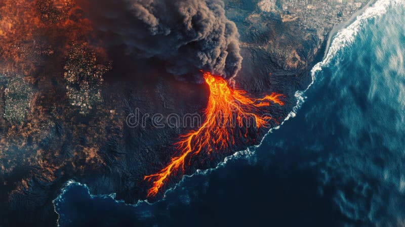 Satellite View of a Powerful Volcano, Molten Lava Flowing Down the ...
