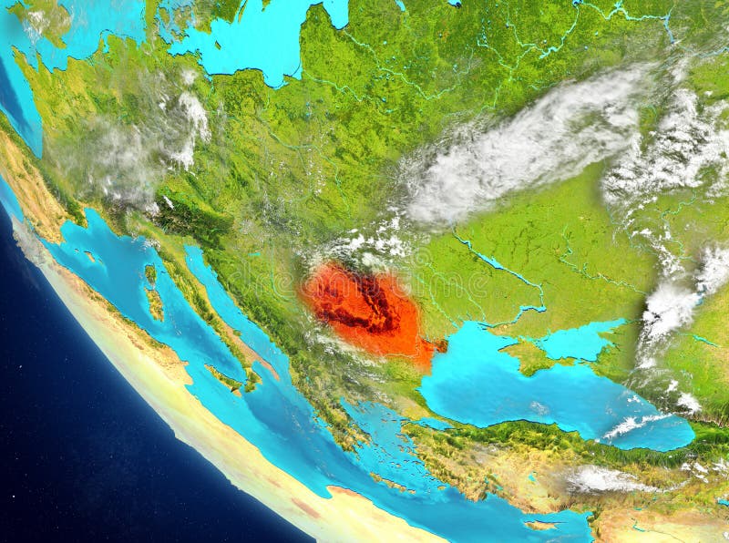 Satellite View of Romania in Red Stock Photo - Image of clouds, render ...