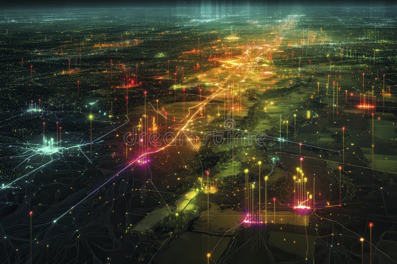 Satellite View of Rural Landscape with Digital Map and Location Pins ...