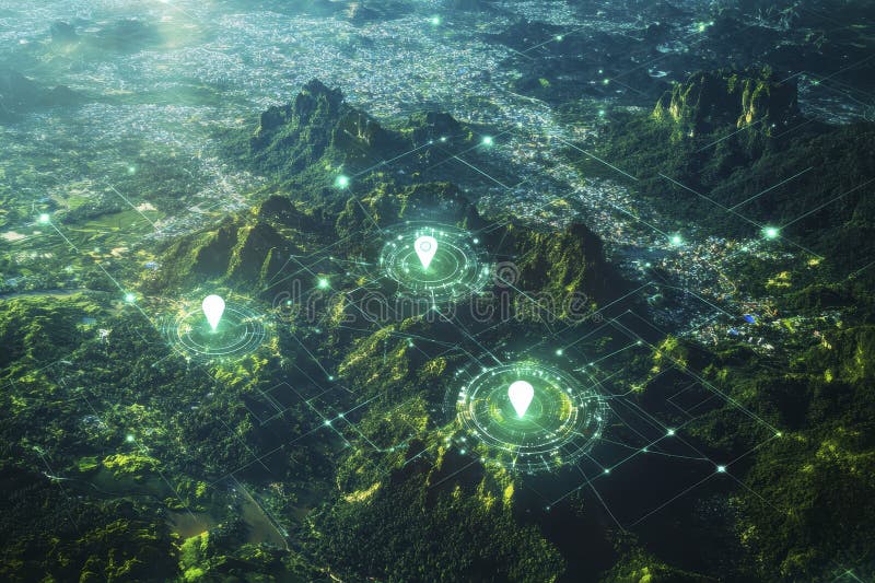 Satellite View of Rural Landscape with Digital Map and Location Pins ...