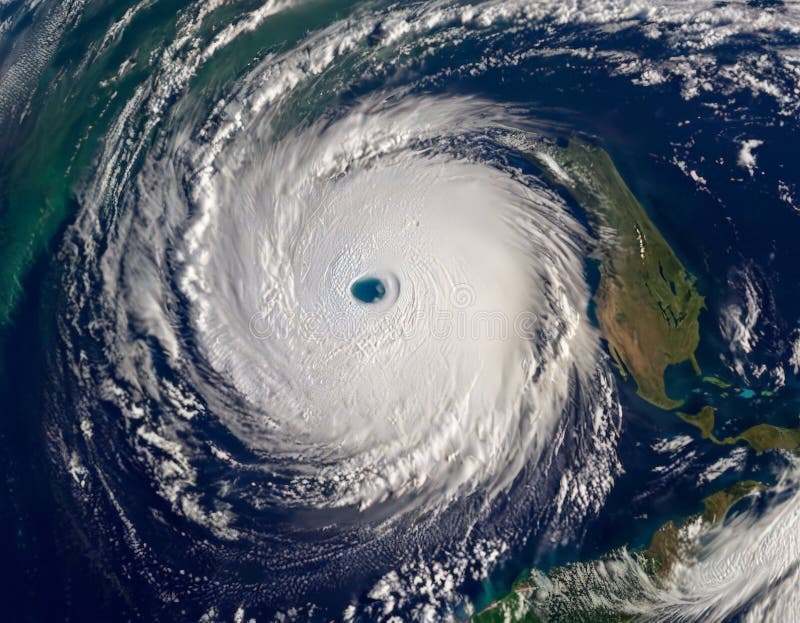 Satellite View Tropical Cyclone, with Large Blue Eye in the Center and ...