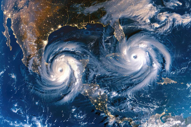 A Satellite View of Two Swirling Clouds Over the Earth. Suitable for ...