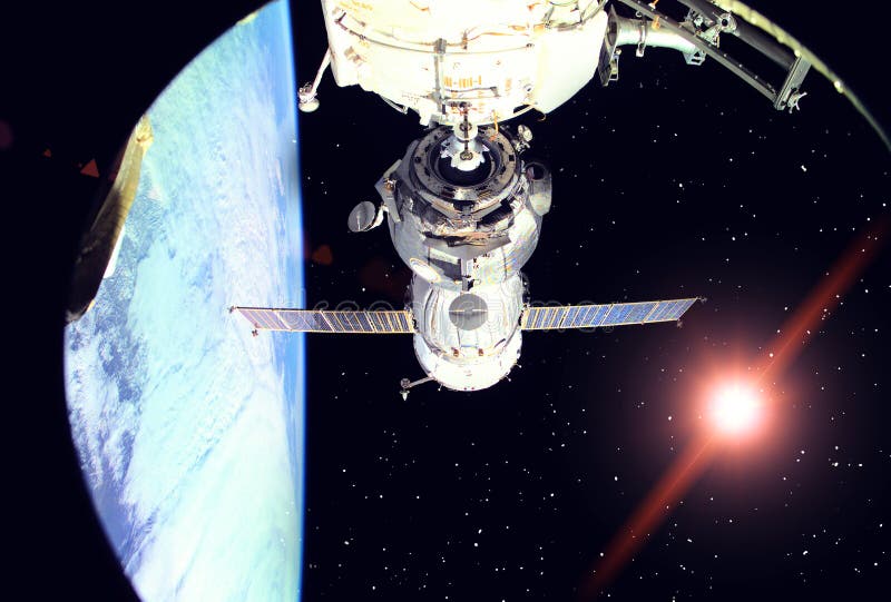 Satellite in Window of the Spaceship. Space View. Elements of this ...