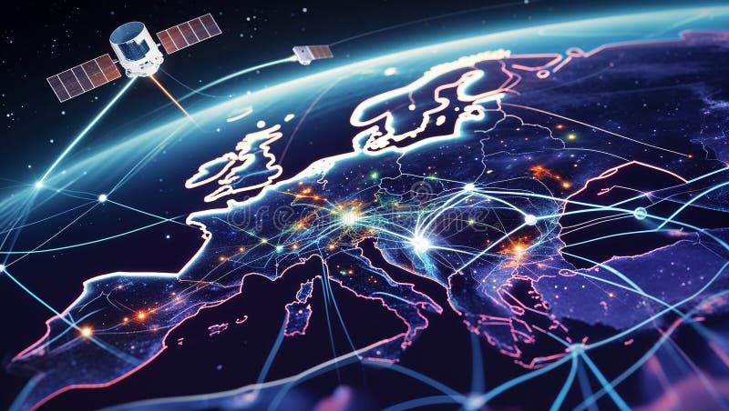 Satellites Connecting Continent with Global Network from Space Stock ...