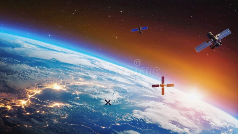 Satellites in Earth Orbit in Space during Sunset or Sunrise Stock ...
