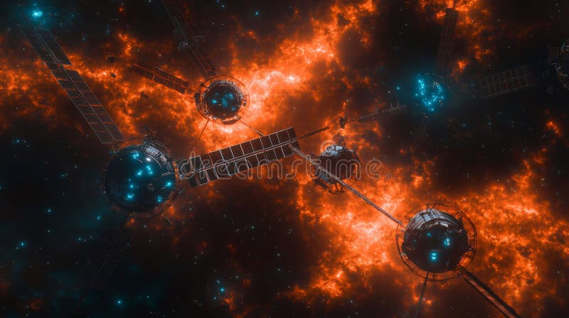 Satellites Exploding in a Fiery Nebula, Cosmic Destruction and Space ...