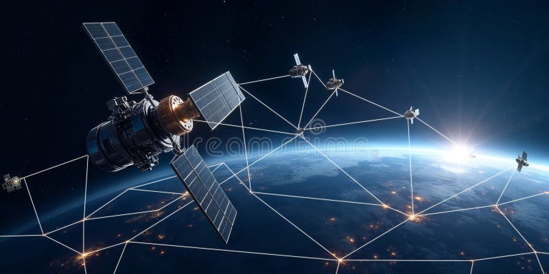 Satellites Fly Over Earth Connecting a Global Data Digital Information ...