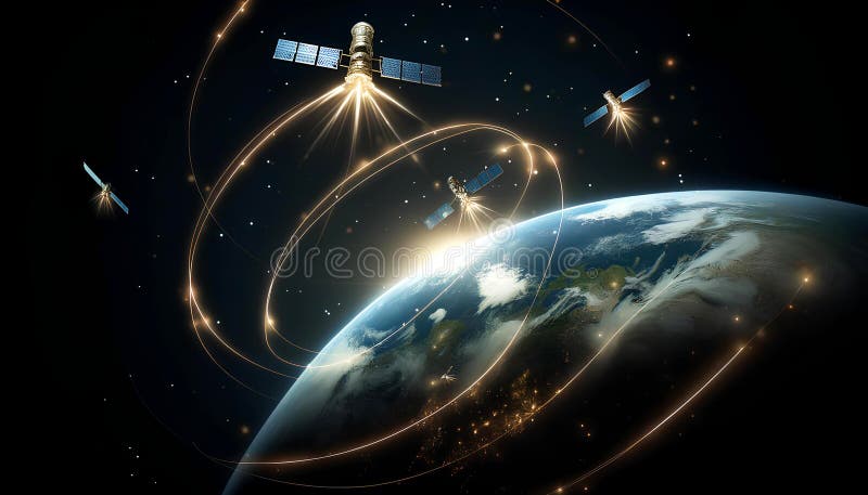 Satellites Flying Around the Earth from Afar, with Glowing Satellite ...