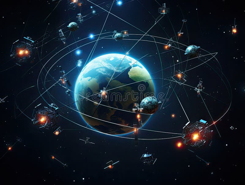 Satellites Orbit in Space Showing Connectivity Stock Illustration ...