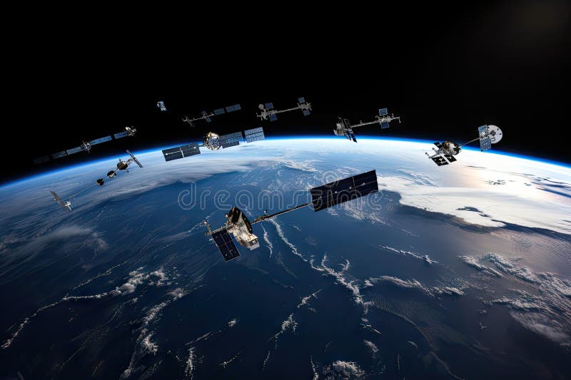 Satellites in Orbit, with View of the Earth and Its Atmosphere Visible ...