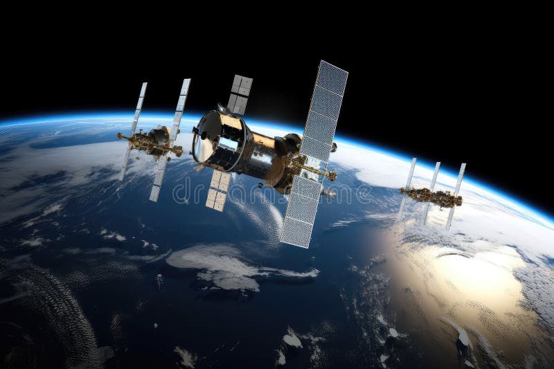 Satellites in Orbit, with View of the Earth and Its Atmosphere Visible ...