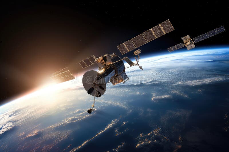Satellites in Orbit, with View of the Earth and Its Atmosphere Visible ...