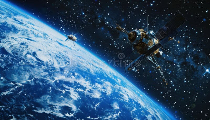 Satellites Orbiting Earth Against a Backdrop of Stars in Space Stock ...