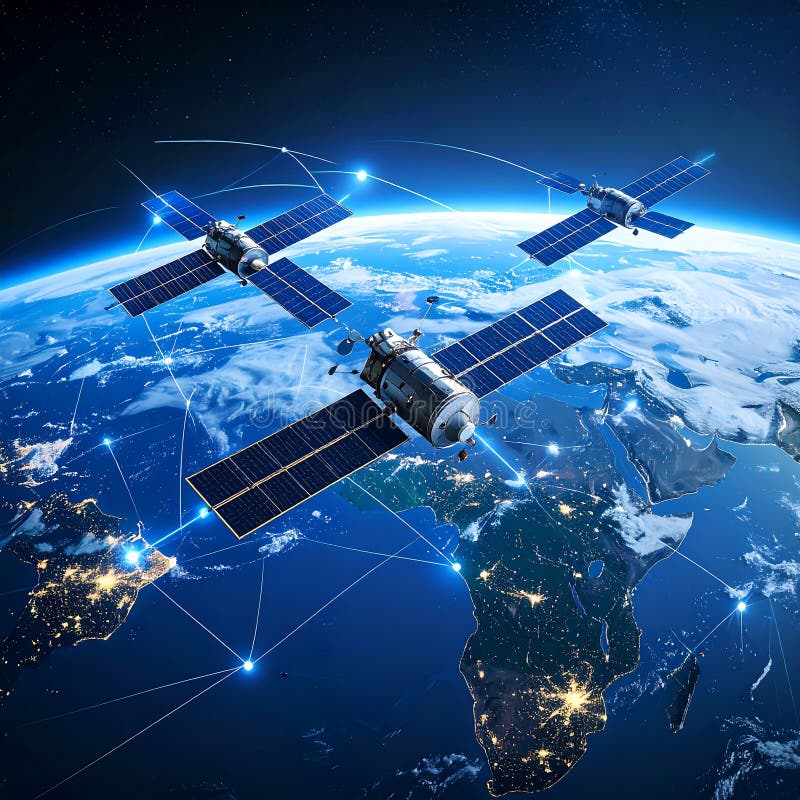 Satellites Orbiting Earth, Connected by Beams or Lines, Illustrating ...