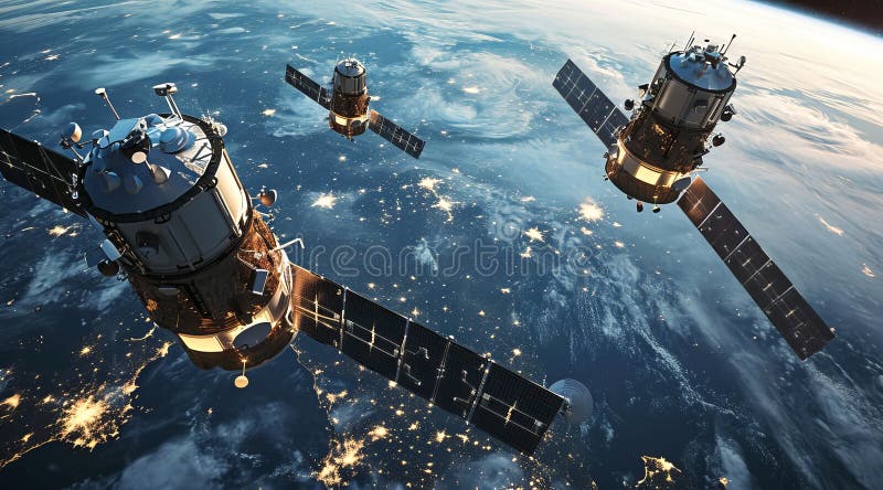 Satellites Orbiting Earth in Outer Space. Science and Technology ...