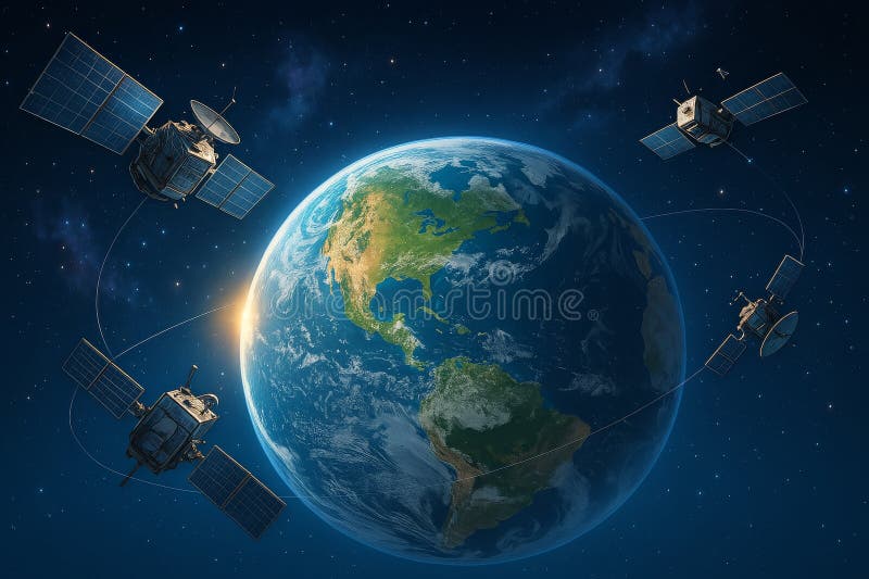 Satellites Orbiting Earth Over the Americas at Dawn Showcasing Advanced ...