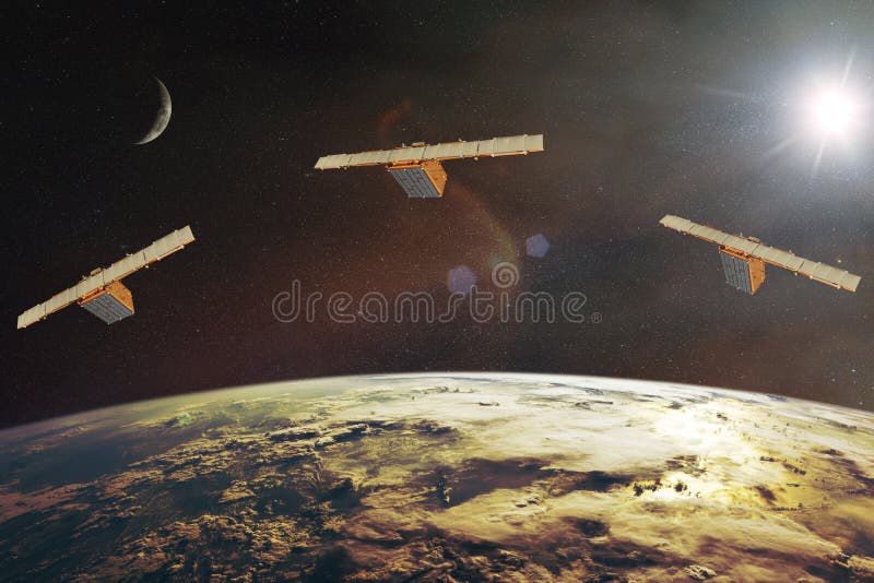 Satellites in Outer Space on Orbit of Earth Planet. Elements of this ...