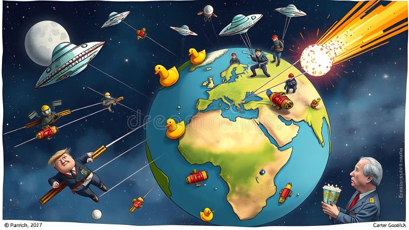 Satirical Illustration Featuring Global Events with Stylized World ...