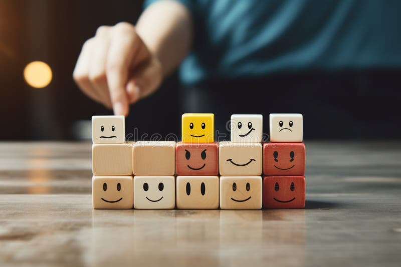 Satisfaction Choice Hand Selects a Smiley Face Over Blurred Sad Faces ...