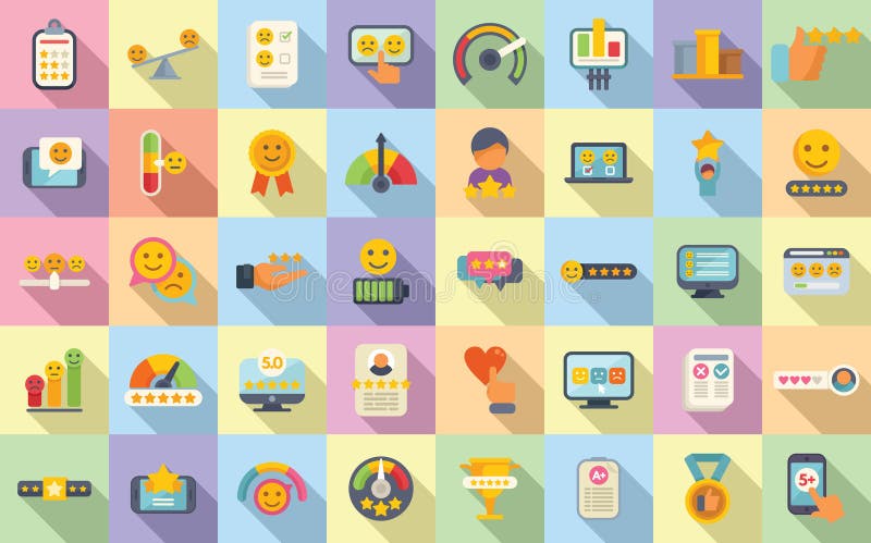 Satisfaction Level Icons Set Flat Vector. Customer Smile Stock Vector ...