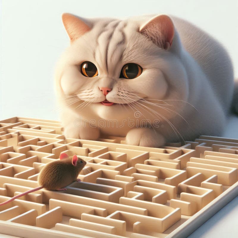 A Satisfied Cat Looks at a Mouse in a Wooden Maze. Stock Image - Image ...