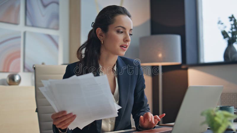 Satisfied Employee Reading Report Working Computer at Light Workspace ...
