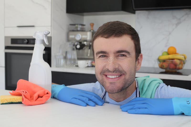Satisfied Looking Man Cleaning the Kitchen Stock Photo - Image of adult ...