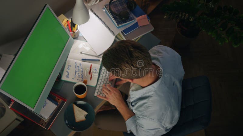 Satisfied Man Texting Mockup Computer at Home. Top View Freelancer ...