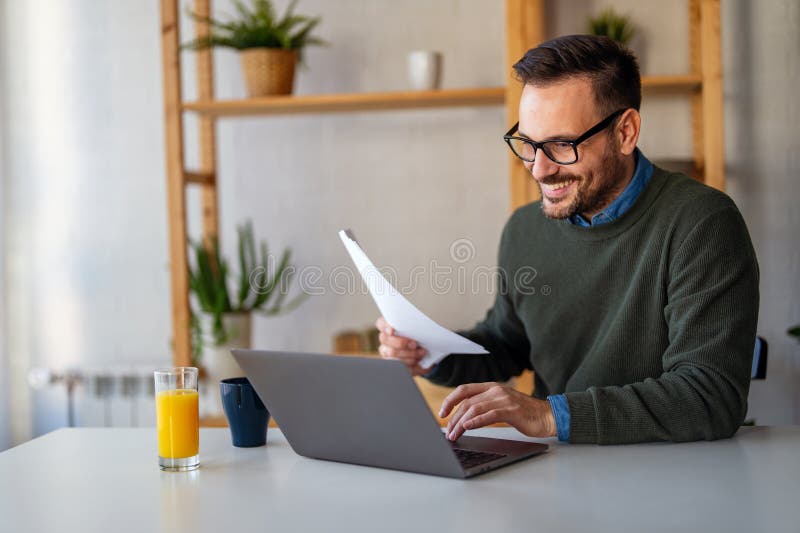 Satisfied Man Using Laptop Computer Electronic Banking Making ...