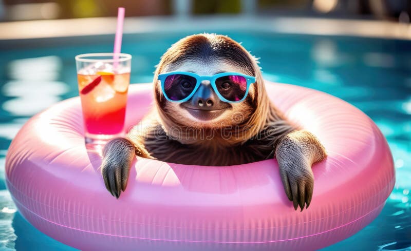 Satisfied Sloth in Sunglasses and with a Cocktail in the Pool Floating ...